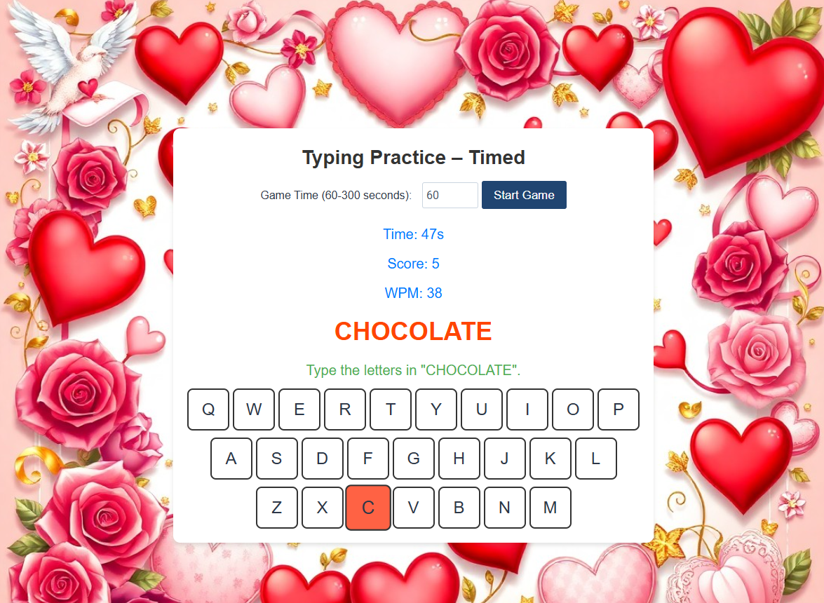 Valentine’s Day Themed Timed Typing Practice - Tech Skills for Kids