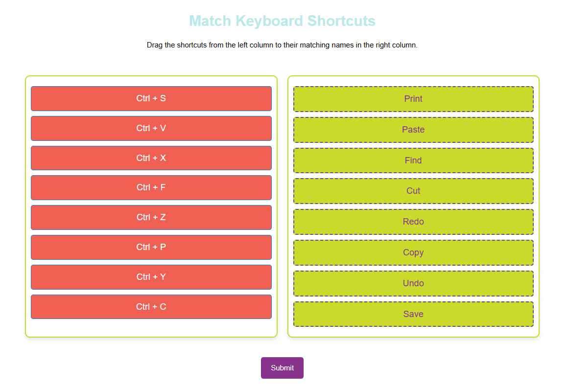 Keyboard Shortcuts Matching - Tech Skills for Kids